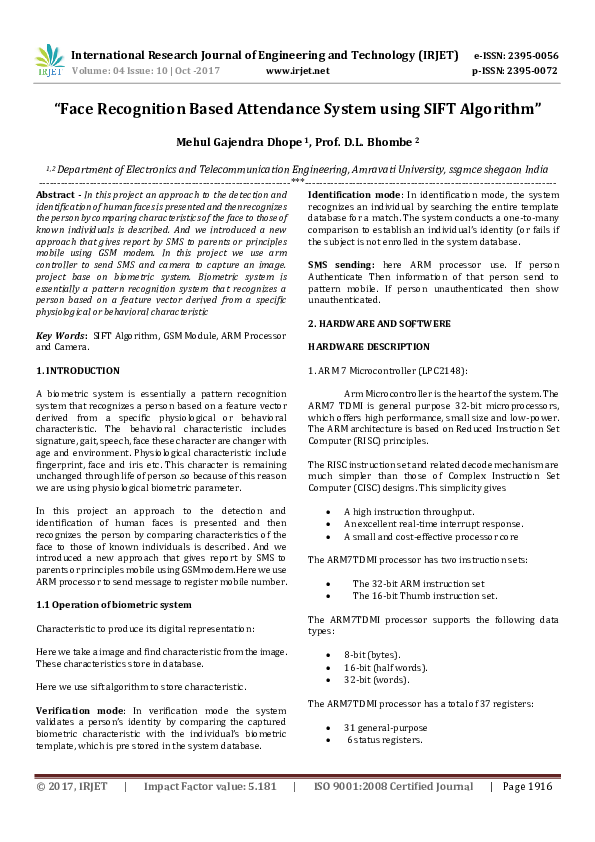 (PDF) " Face Recognition Based Attendance System using SIFT Algorithm