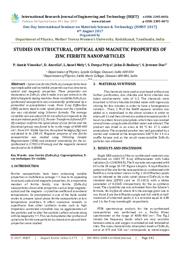 (PDF) STUDIES ON STRUCTURAL, OPTICAL AND MAGNETIC PROPERTIES OF ZINC FERRITE NANOPARTICLES