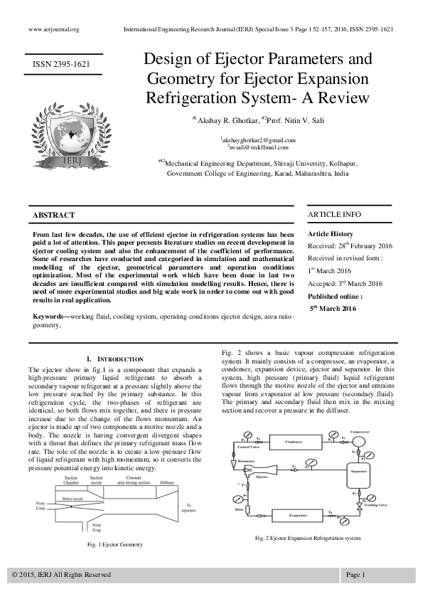 (PDF) Design of Ejector Parameters and Geometry for Ejector Expansion Refrigeration System-A Review