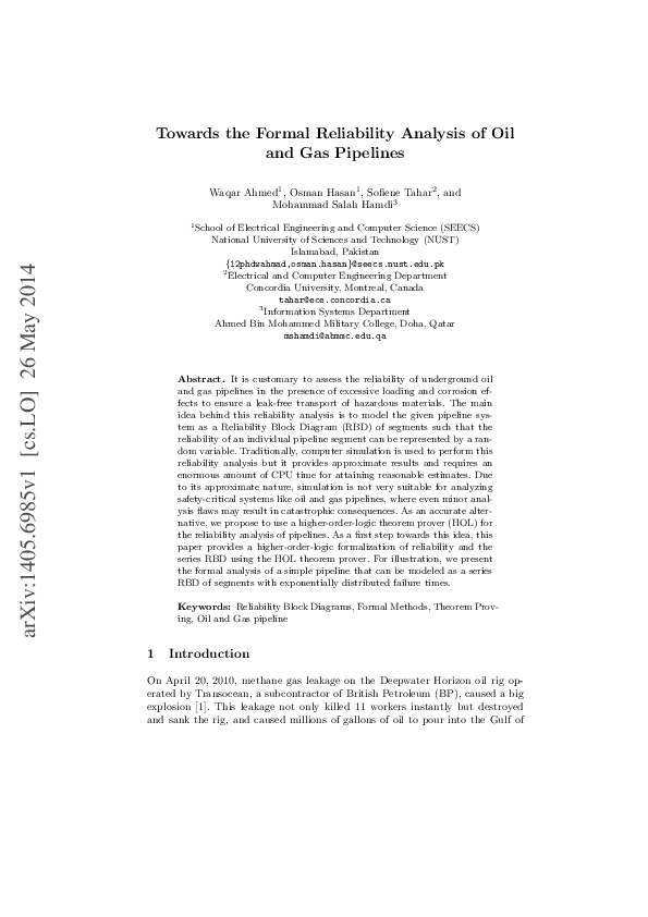 (PDF) Towards the Formal Reliability Analysis of Oil and Gas Pipelines
