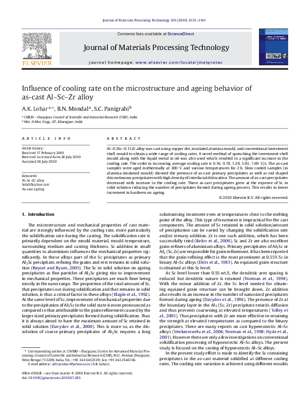 Pdf Influence Of Cooling Rate On The Microstructure And Ageing Behavior Of As Cast Al Sc Zr Alloy