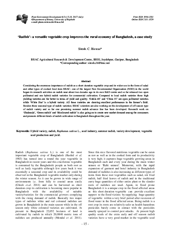 (PDF) 'Radish'-a versatile vegetable crop improves the rural economy of ...