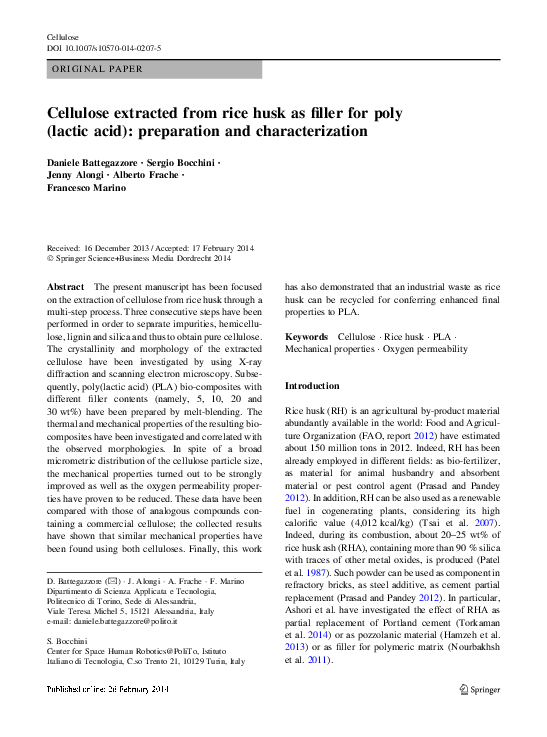 (PDF) Cellulose extracted from rice husk as filler for poly(lactic acid ...