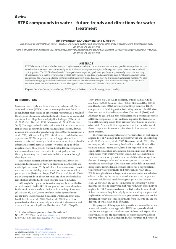 (PDF) BTEX compounds in water – future trends and directions for water ...