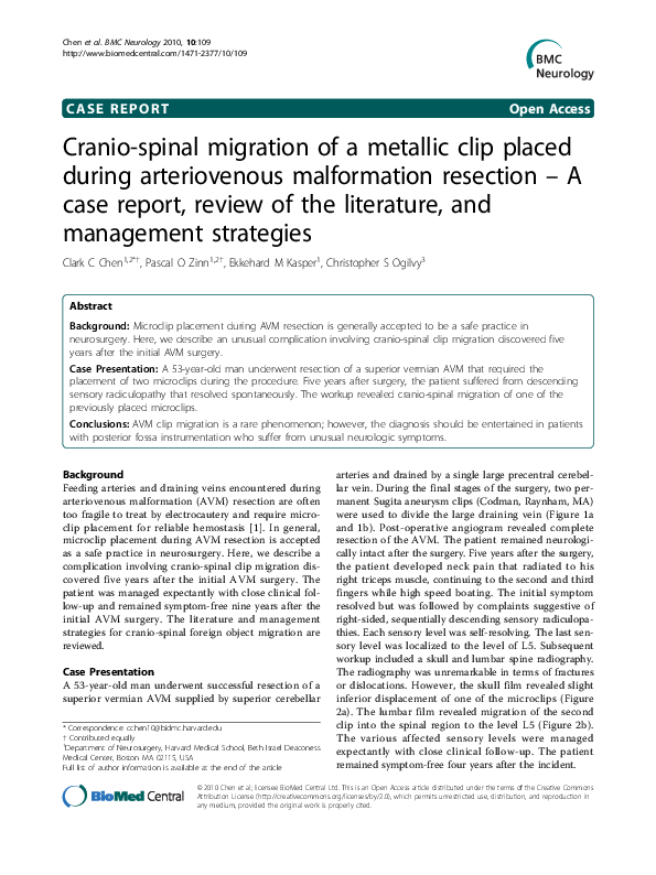 (PDF) Cranio-spinal migration of a metallic clip placed during ...