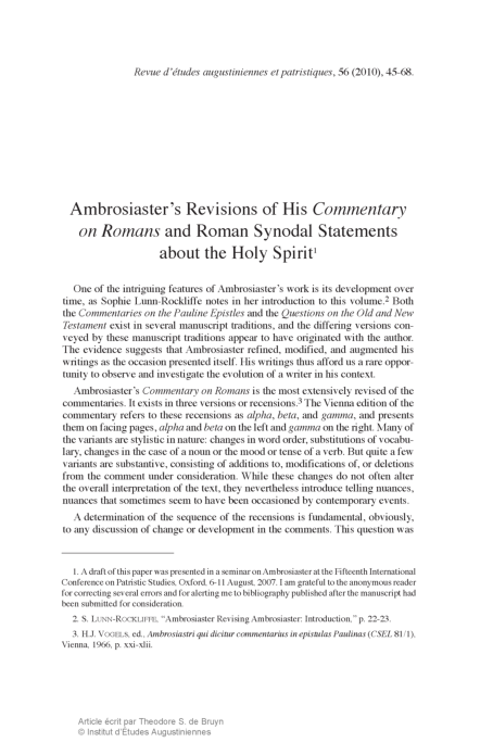 (PDF) Ambrosiaster's Revisions of His Commentary on Romans and Roman ...