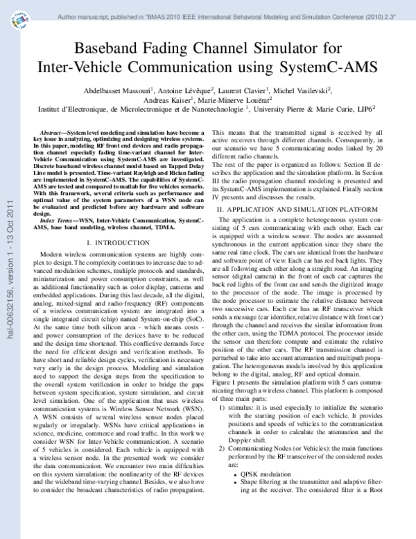 (PDF) Baseband fading channel simulator for Inter-Vehicle Communication using SystemC-AMS