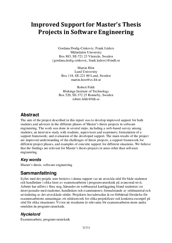 (PDF) Improved Support for Master’s Thesis Projects in Software Engineering