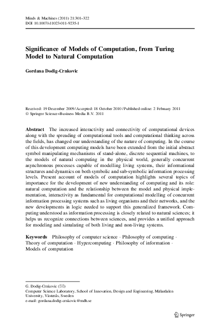 Pdf Significance Of Models Of Computation From Turing Model To Natural Computation