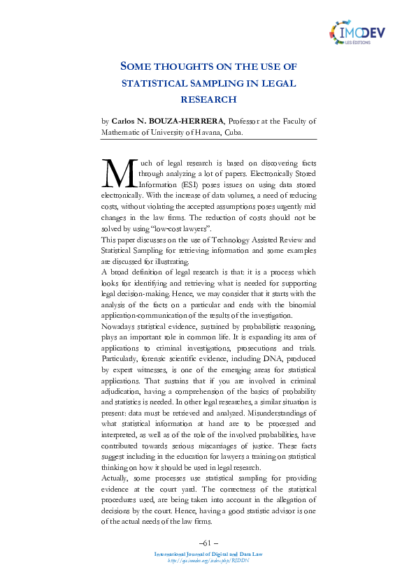 (PDF) SOME THOUGHTS ON THE USE OF STATISTICAL SAMPLING IN LEGAL RESEARCH