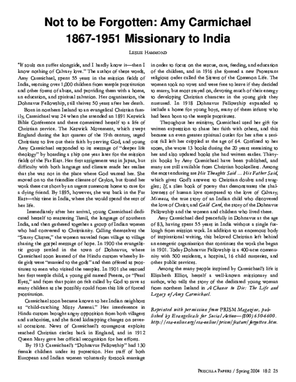 (PDF) Not to be Forgotten: Amy Carmichael 1867-1951 Missionary to India