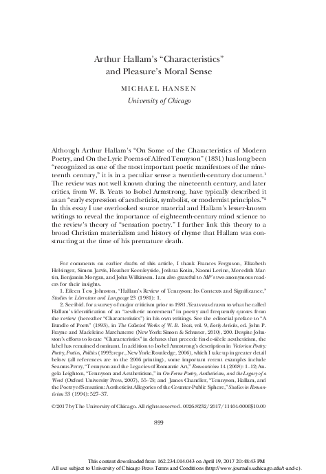 (PDF) Arthur Hallam's Characteristics and Pleasure's Moral Sense