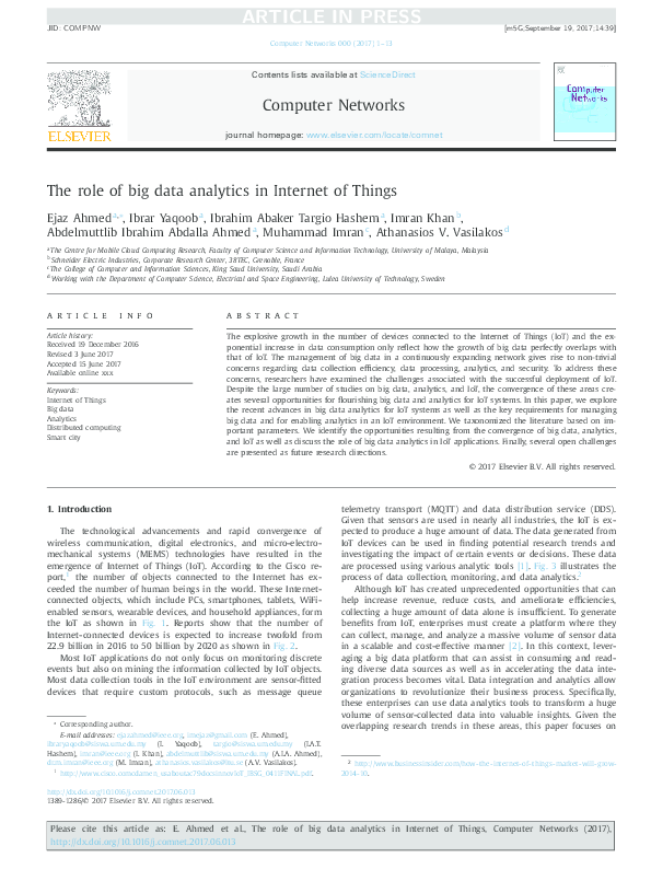 (PDF) The role of big data analytics in Internet of Things
