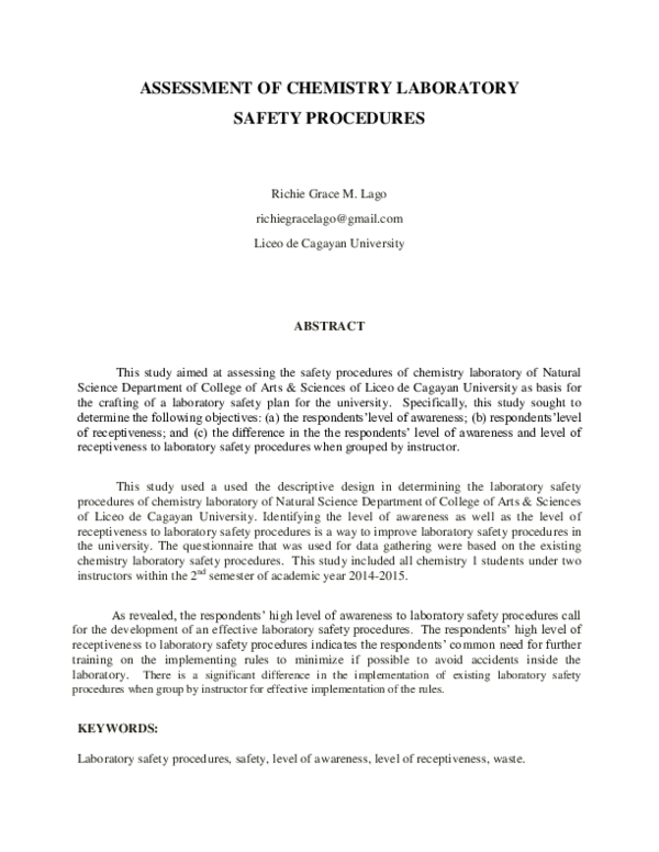 (DOC) ASSESSMENT OF CHEMISTRY LABORATORY SAFETY PROCEDURES