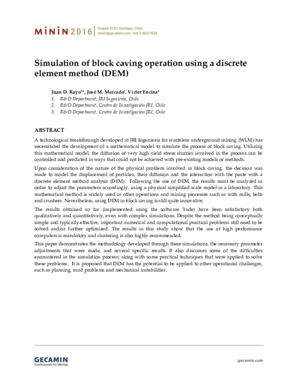 Pdf Simulation Of Block Caving Operation Using A Discrete Element Method Dem