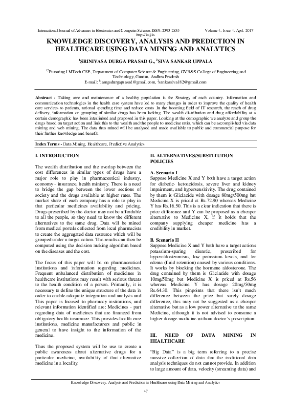 (PDF) KNOWLEDGE DISCOVERY, ANALYSIS AND PREDICTION IN HEALTHCARE USING DATA MINING AND ANALYTICS