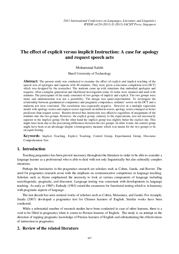 (PDF) The effect of explicit versus implicit Instruction: A case for apology and request speech acts