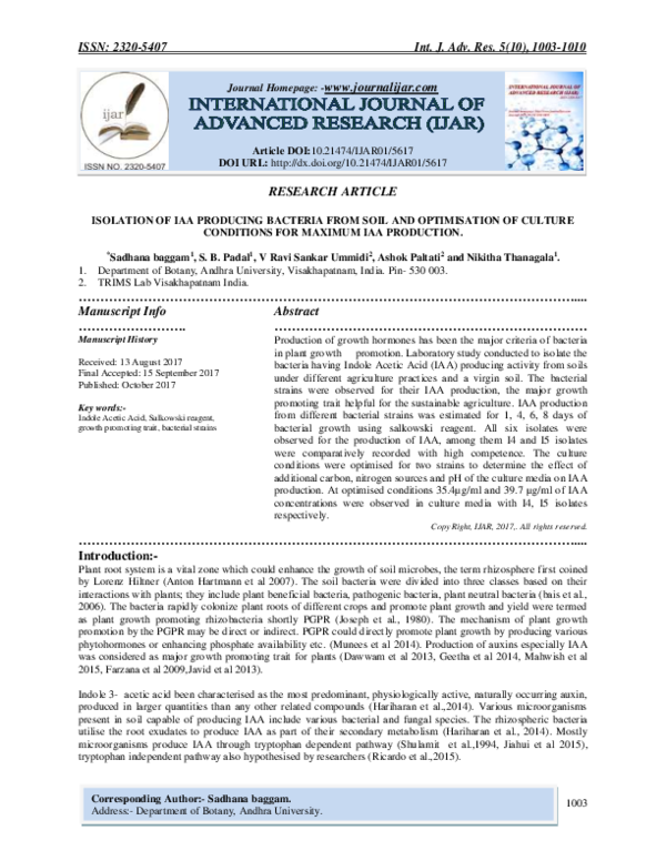 (PDF) ISOLATION OF IAA PRODUCING BACTERIA FROM SOIL AND OPTIMISATION OF ...