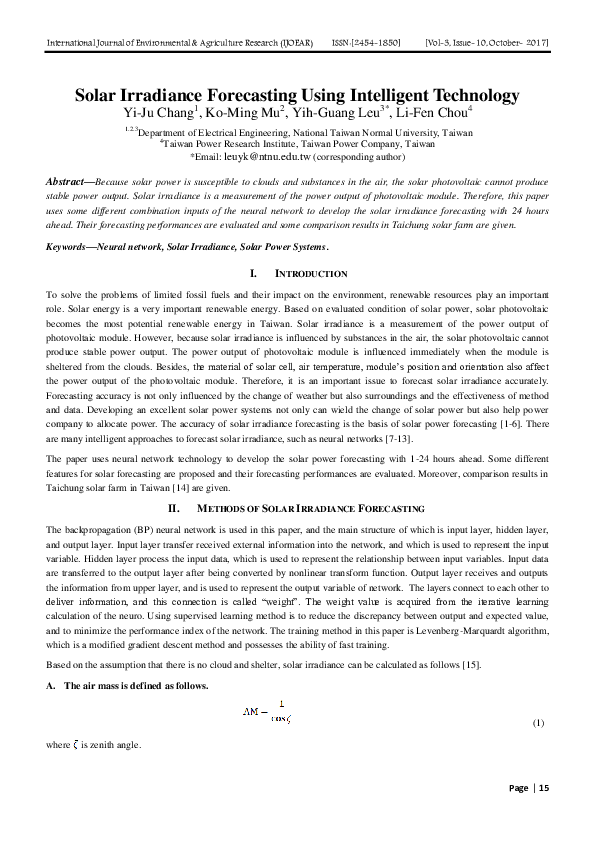 Pdf Solar Irradiance Forecasting Using Intelligent Technology