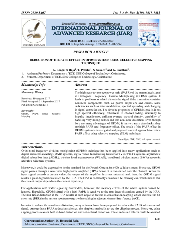 Pdf Reduction Of The Papr Effect In Ofdm Systems Using Selective