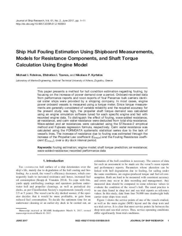 (PDF) Ship Hull Fouling Estimation Using Shipboard Measurements, Models ...