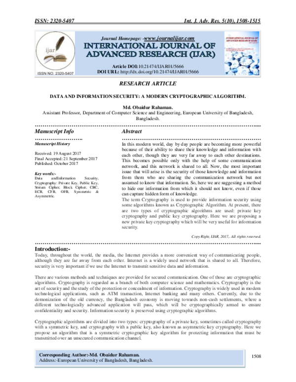 Pdf Data And Information Security A Modern Cryptographic Algorithm
