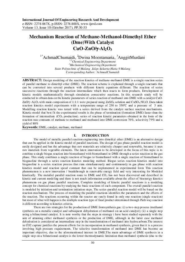 (PDF) Mechanism Reaction of Methane-Methanol-Dimethyl Ether (Dme)With ...