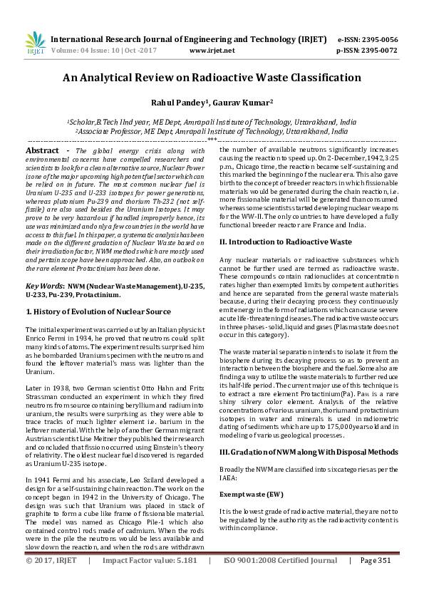 (PDF) An Analytical Review on Radioactive Waste Classification