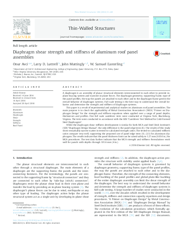 (PDF) Diaphragm shear strength and stiffness of aluminum roof panel ...