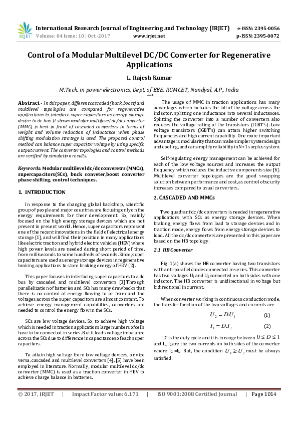 Pdf Control Of A Modular Multilevel Dc Dc Converter For Regenerative Applications