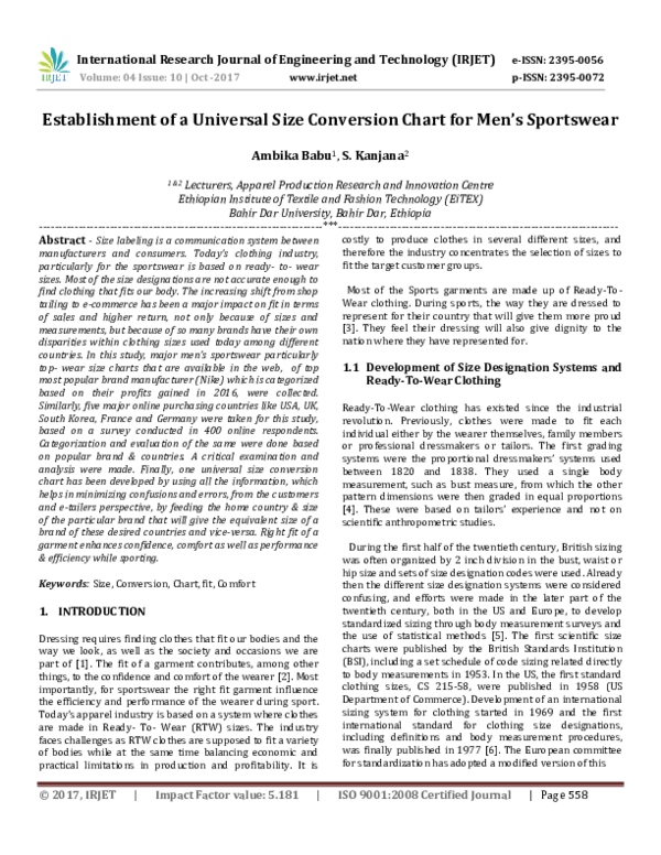 (PDF) Establishment of a Universal Size Conversion Chart for Men's ...