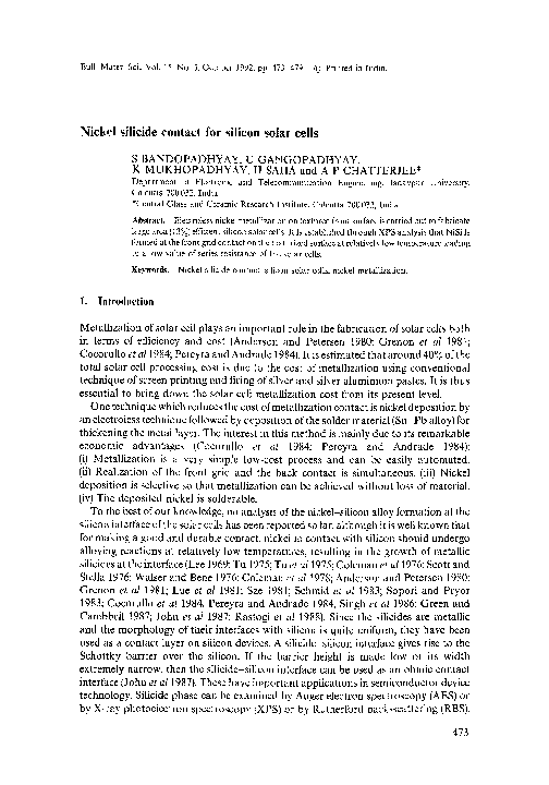 (PDF) Nickel silicide contact for silicon solar cells