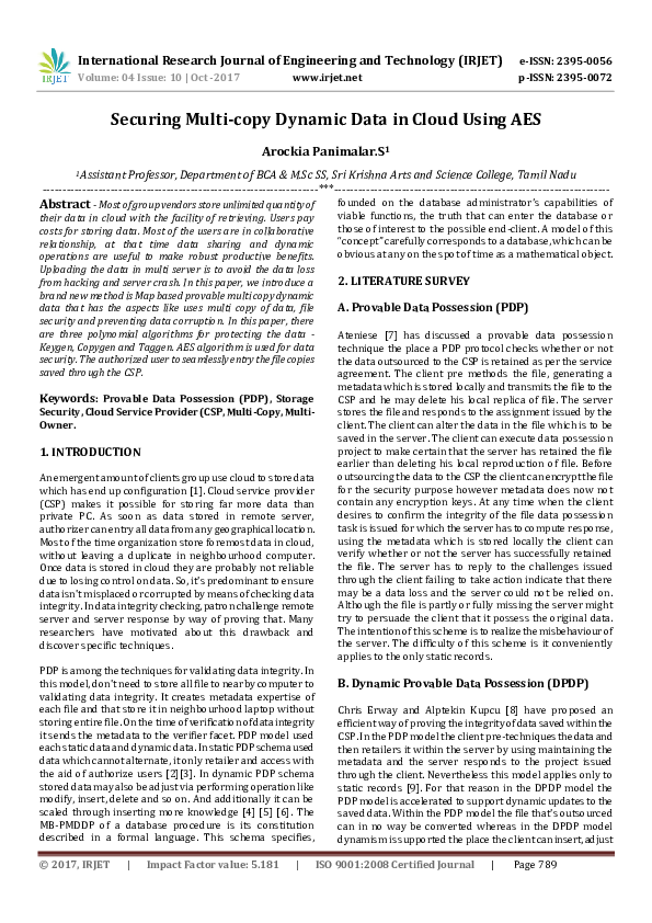 (PDF) Securing Multi-copy Dynamic Data in Cloud Using AES