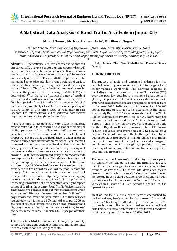 (PDF) A Statistical Data Analysis of Road Traffic Accidents in Jaipur City