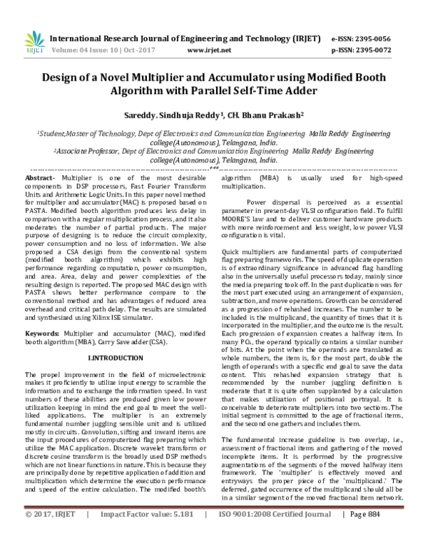 Pdf Design Of A Novel Multiplier And Accumulator Using Modified Booth Algorithm With Parallel