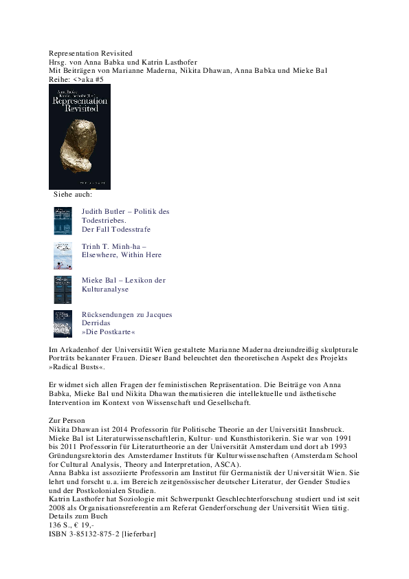 (PDF) Representation Revisited Hg. von Anna Babka und Katrin Lasthofer ...