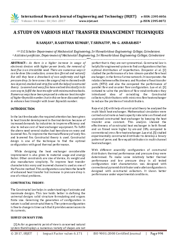 (PDF) A STUDY ON VARIOUS HEAT TRANSFER ENHANCEMENT TECHNIQUES