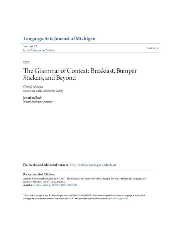 (PDF) The Grammar of Context: Breakfast, Bumper Stickers, and Beyond | Jonathan Bush - Academia.edu