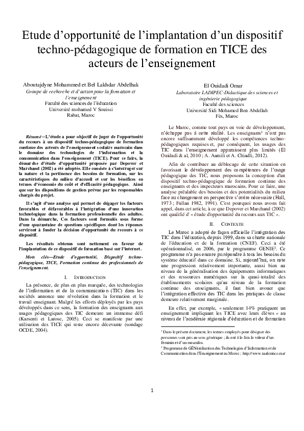 (PDF) Etude d’opportunité de l’implantation d’un dispositif techno-pédagogique de formation en ...