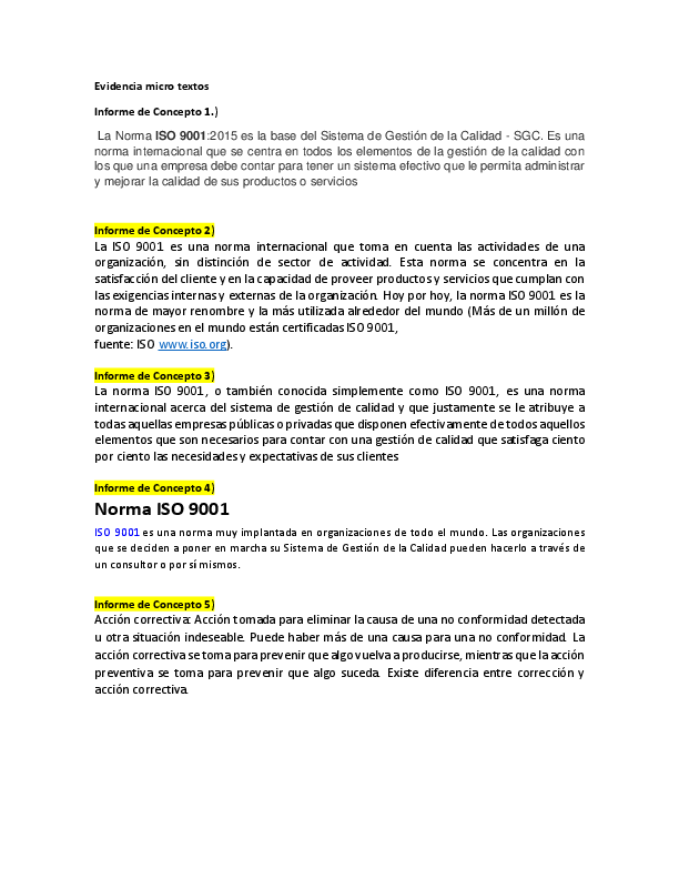 (DOC) Evidencia micro textos Informe de Concepto 1.) Norma ISO 9001