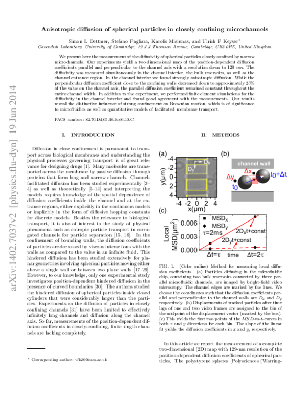 (PDF) Anisotropic diffusion of spherical particles in closely confining microchannels