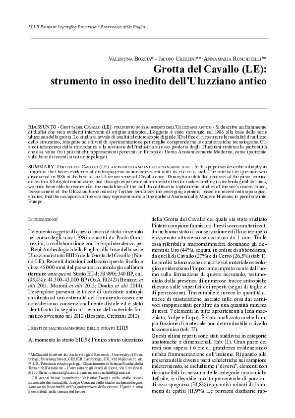 (PDF) Grotta del Cavallo (LE): strumento in osso inedito dell’Uluzziano ...