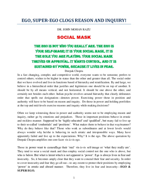 (PDF) EGO, SUPER-EGO CLOGS REASON AND INQUIRY