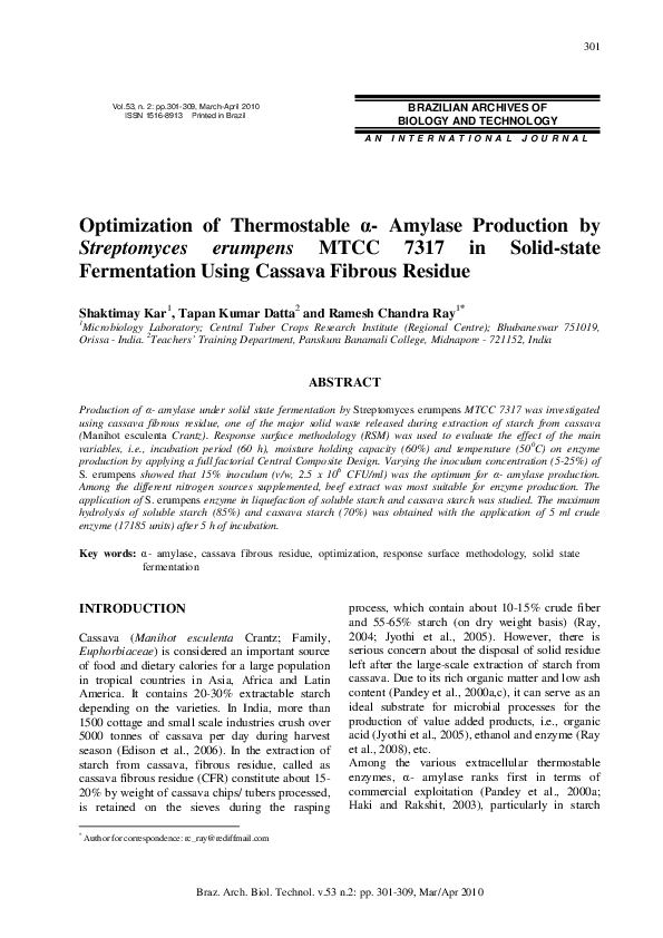 (PDF) Optimization of Thermostable α-Amylase Production by Streptomyces erumpens MTCC 7317 in ...