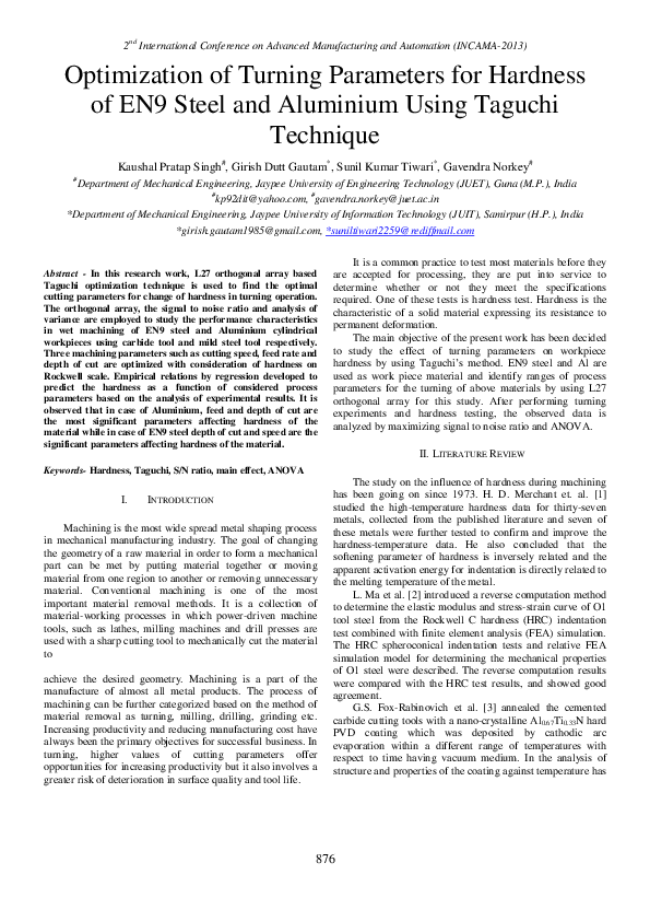Pdf Optimization Of Turning Parameters For Hardness Of En9 Steel And Aluminium Using Taguchi
