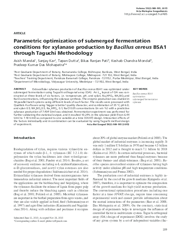 (PDF) Parametric optimization of submerged fermentation conditions for xylanase production by ...