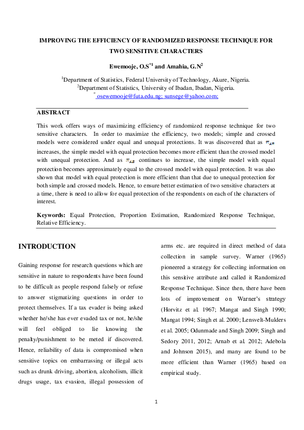 Pdf Improving The Efficiency Of Randomized Response Technique For Two Sensitive Characters