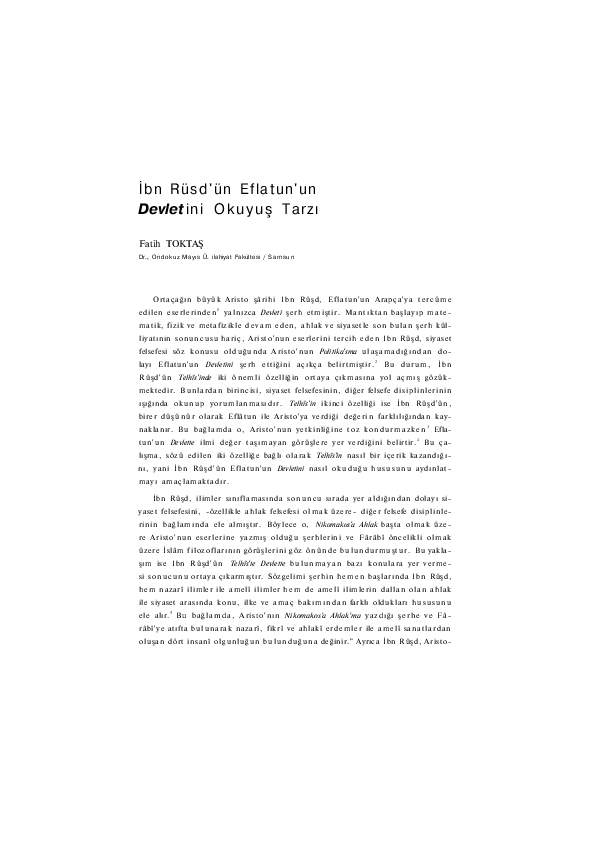 (PDF) İbn Rüsd'ün Eflatun'un Devlet ini Okuyuş Tarzı