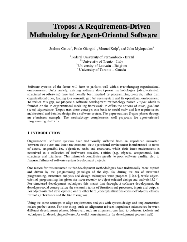 (PDF) Tropos: A requirements-driven methodology for agent-oriented software