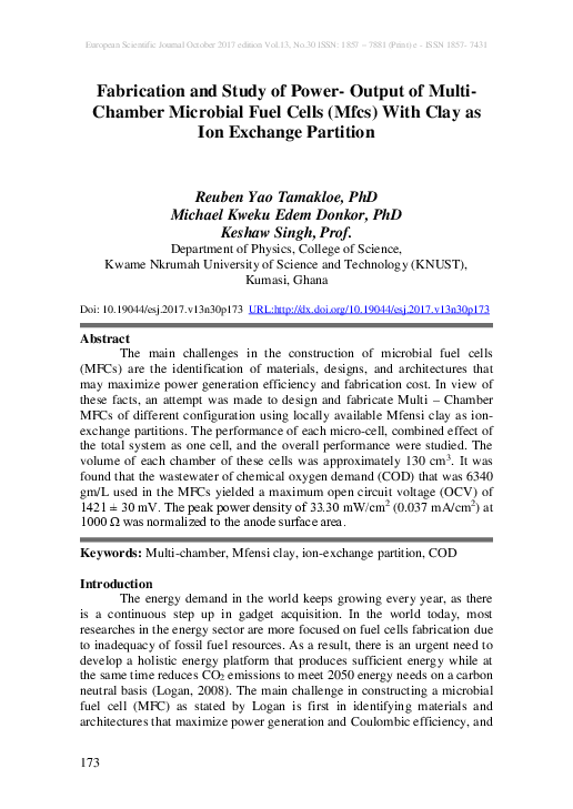 (PDF) Fabrication and Study of Power-Output of Multi- Chamber Microbial Fuel Cells (Mfcs) With ...